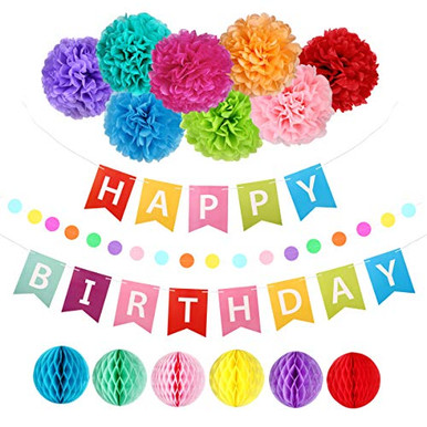 Happy Birthday Decorations Banner with Tissue Pom Poms Honeycomb Balls ...