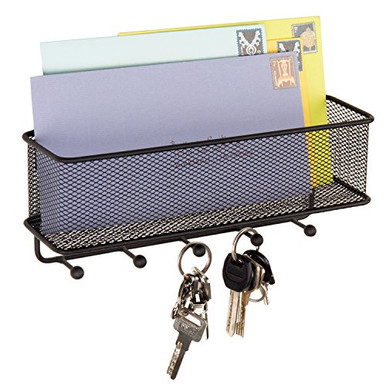 MyGift Black Metal Mesh Wall-Mounted Mail Holder Basket with 5 Key ...