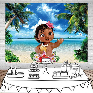 Fotupuul Baby Moana Happy Birthday Backdrop Green Coco Tree Leaves Blue ...