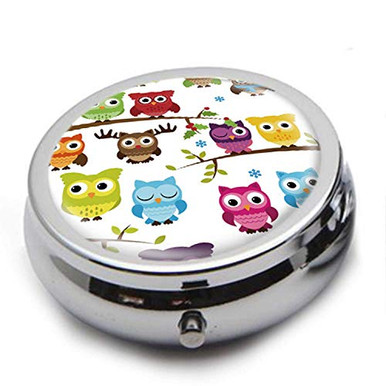 Round Stainless Steel Pill Box Case - Cute Cartoon Owl- Pocket 2 inches ...