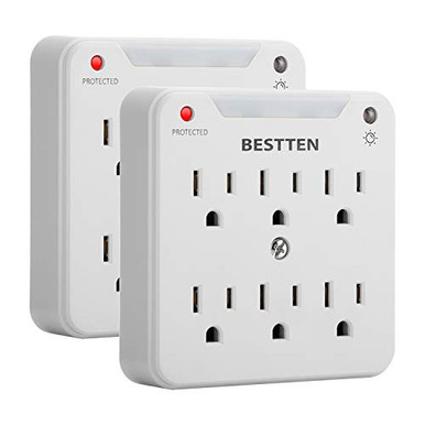 [2 Pack] BESTTEN 6 Wall Outlet Extender with Dusk to Dawn Sensor Night ...