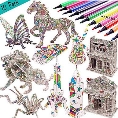 3D Coloring Puzzle Set,10 Pack Puzzles with 48 Pen Markers, Art ...