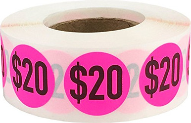 $20 Price Stickers Fluorescent Pink .75 Inch Round Circle Dots 500 ...