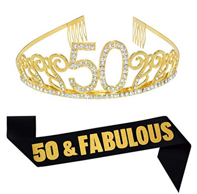 50th Birthday Gold Tiara and Sash Glitter Satin Sash and Crystal Tiara ...
