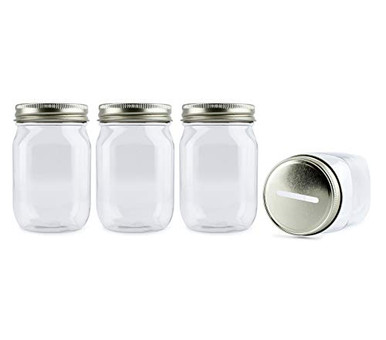 Cornucopia Small Coin Bank Jars (4-Pack); 16oz Clear Plastic Mason Jar ...