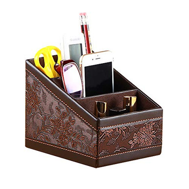 Remote Control Holder Leather Brown Embroidery 3 Compartments ...