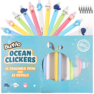 Erasable & Cute Kawaii Retractable Pens - 12 Blue Ink Colored Ballpoint ...