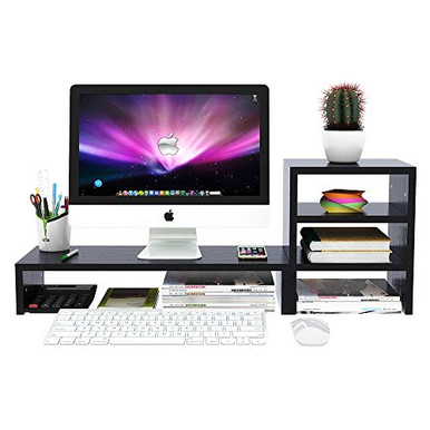 Wood Computer Monitor Stand Raiser Black with 3 Tier Desktop Organizer ...
