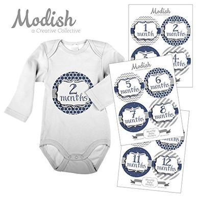 12 Monthly Baby Stickers Gray Navy Blue Boy Baby Belly Stickers Monthly ...