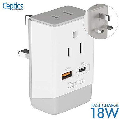 UK Ireland Power Plug Adapter Travel QC 30 PD by Ceptics Safe Dual USB ...