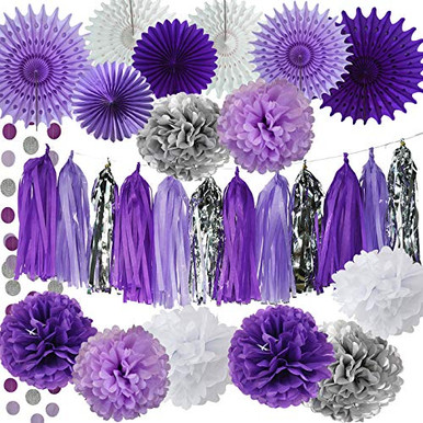 Purple Silver Bridal Shower Decorations Purple White Silver Tissue Pom ...