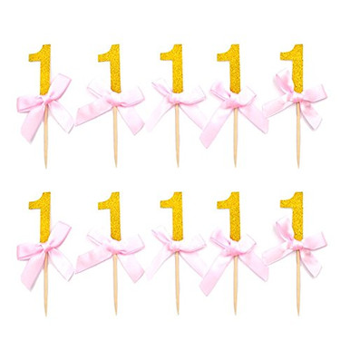 HZOnline HOKPA Number One Cupcake Toppers Glitter with Pink Ribbon Bow ...
