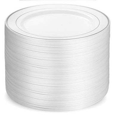 100 Piece Plastic Party Plates White Silver Rim, Premium Heavy Duty 10. ...