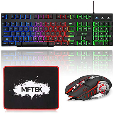 MFTEK Gaming Keyboard and Mouse Combo with Large Mouse Pad RGB Rainbow ...