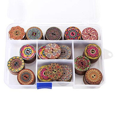 100pcs Assorted Round Wooden Buttons 2 Holes Mixed Color Vintage Flower ...
