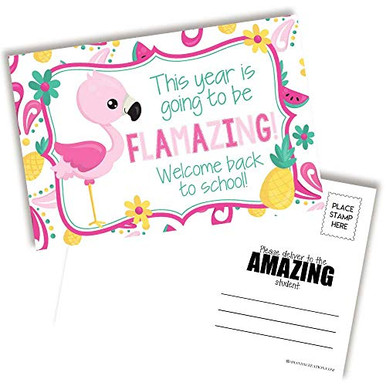 Fun Flamingo Themed Welcome Back To School Blank Postcards For Teachers ...