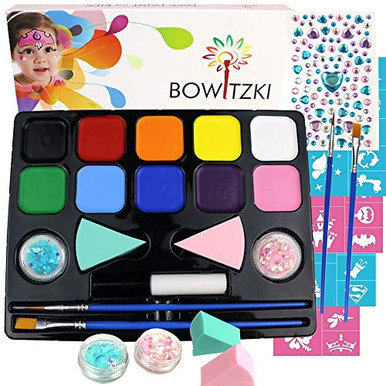 Bowitzki Face Paint Kit with 10 Colors,32 Stencils,2 Brushes,2 Chunky ...