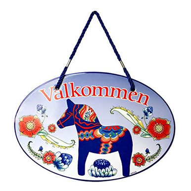 Valkommen with Classic Artwork of Blue Swedish Dala Horse Welcome 11x8 ...