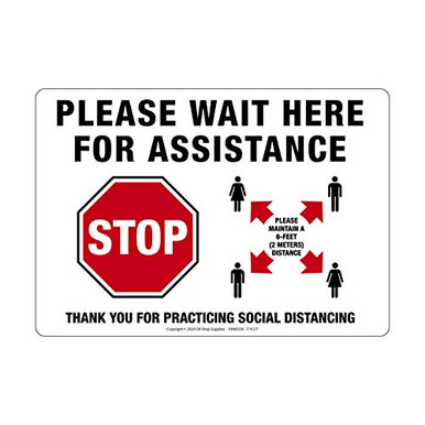 Please Wait Here for Assistance with Stop Sign Image Vinyl Safety Sign ...