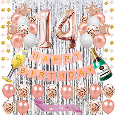 Fancy 14TH Birthday Decorations Rose Gold Happy Birthday Banner and ...
