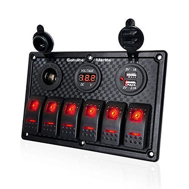 6 Gang Rocker Switch Panel Red Digital Voltmeter Display Dual 5V USB ...