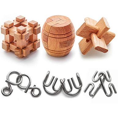 Brain Teaser Metal and Wooden Puzzles for Adults and Kids 6 Pack - 3D ...