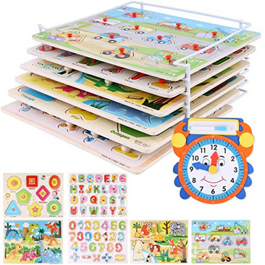 Wooden Toddler Puzzles and Rack - (6 Pack) Bundle with Storage Holder ...