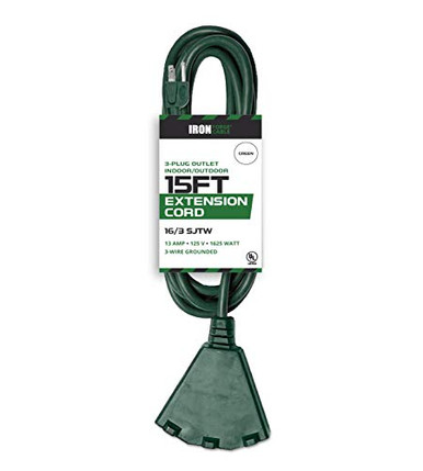 15 Foot Outdoor Extension Cord with 3 Electrical Power Outlets - 16/3 ...