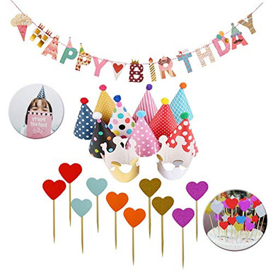 Colorful Happy Birthday Bunting Banner and Hat Crowns Set,10 PCS Heart ...
