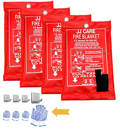 JJ CARE Fire Blanket Fire Suppression Blanket, 40"x40" +4 Hooks & 4 ...