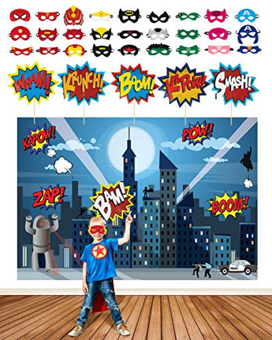 Superhero Party Supplies Kit with 7ft Superhero Backdrop 28 Superhero ...