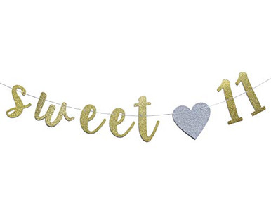 Sweet 11 Banner Gold Glitter with Heart for 11th Birthday Party ...