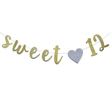 Sweet 12 Banner Gold Glitter with Heart for 12th Birthday Party ...