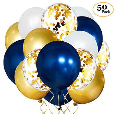 50 Pcs Navy latex balloon Kit Navy Blue & Pearl White & Gold Metallic Chrome & Gold Confetti ...