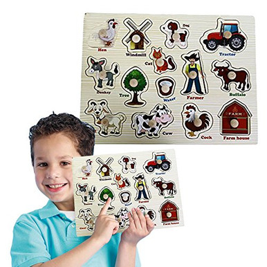 Toy Cubby Kids Toddler Wooden Pegged Farm Animals Puzzle Board Set- 2 ...