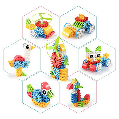 PUNGROW 74 Pcs Gears Building Blocks Toy with Motorized Spin Wheels Six ...