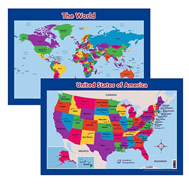 World United States Wall Desk Maps for Kids Two Maps 26" x 17 Laminated ...