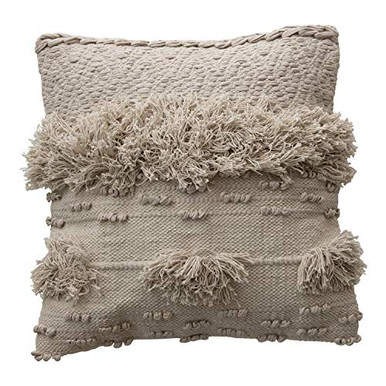 Creative Co-op Square Cream Textured w Fringe Cotton Pillow ...