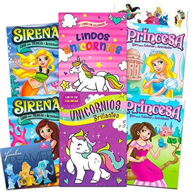 Spanish Princess Unicorns and Mermaids Bundle with 6 Pc Coloring Book ...