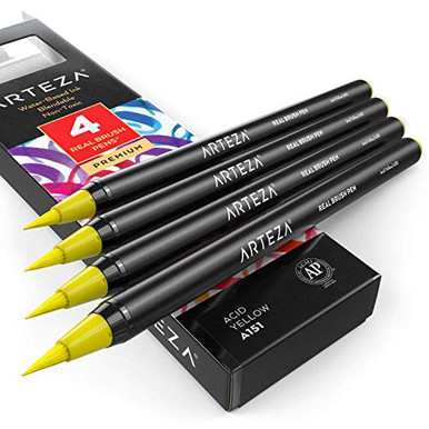 ARTEZA Real Brush Pens (A151 Acid Yellow) Pack of 4, for Watercolor ...