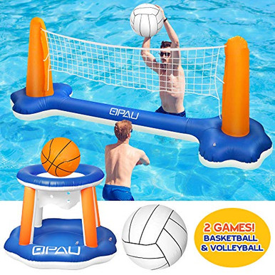 QPAU Inflatable Pool Float Set Basketball Hoop and Volleyball Net ...
