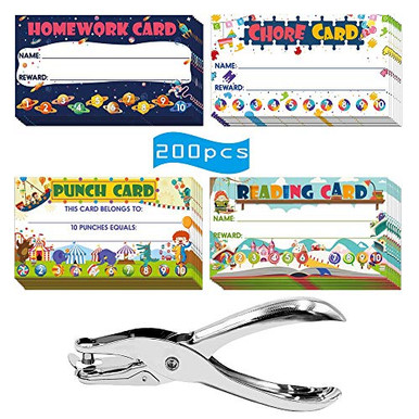 Cualfec 200 Punch Cards for Kids with 4 Designs Homework Card Reading ...