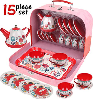 Kids Tea Set for Little Girls and Boys Pretend Play Tin Tea Kitchen Toy ...