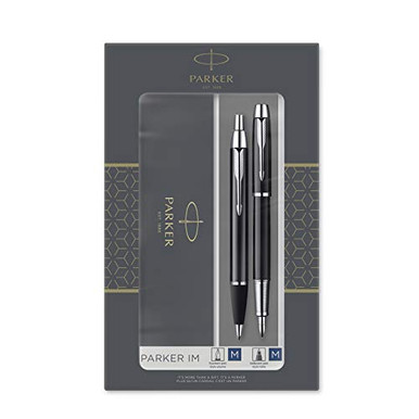 Parker IM Duo Gift Set with Ballpoint Pen Fountain Pen Gloss Black with Chrome Trim Blue Ink ...