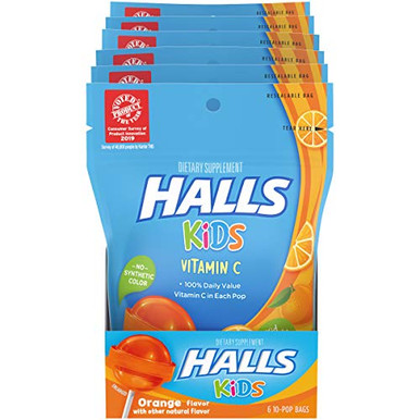 Halls Kids Orange Vitamin C Pops for Children 60 Pops 6 bags of 10 Pops ...
