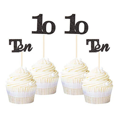 Ercadio 24 Pack Number 10 Cupcake Toppers Black Glitter Age Ten Cupcake ...