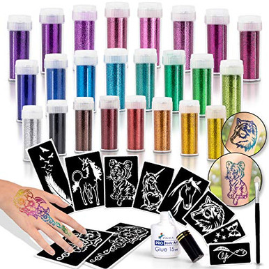 INGALA Pro Glitter Tattoo Kit 24 Extra Fine Glitter Colors PRO Tattoo ...