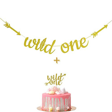 Fadilo Wild One Gold Glitter Banner Sign with Wild One Cake Topper for ...