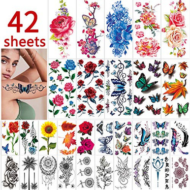 42 Sheets Flowers Temporary Tattoos Stickers, Roses, Butterflies and ...