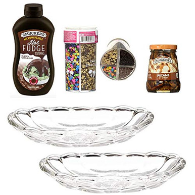 2 Glass Banana Split Boats Smucker s Hot Fudge 4 in 1 Sundae Toppings ...